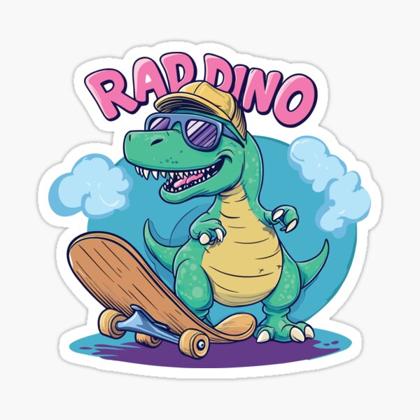 "Rad Dino Cool Skateboarding Dinosaur Cartoon Design" Sticker for Sale ...