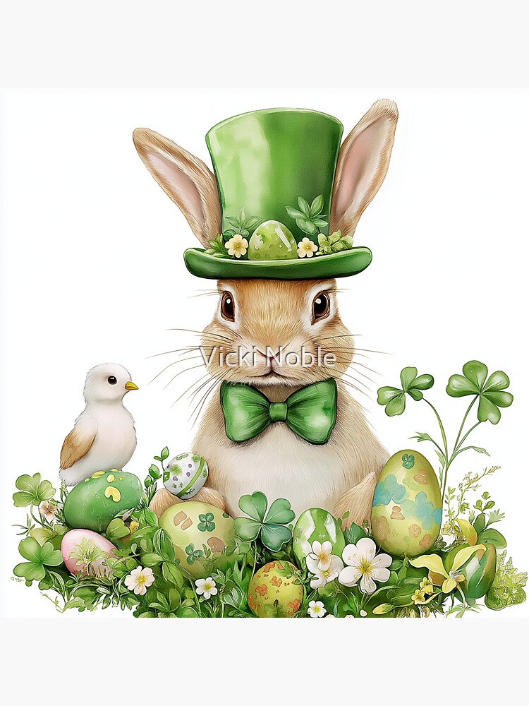 "Cute Vintage Illustrated Easter Bunny with green Leprechaun Top hat ...