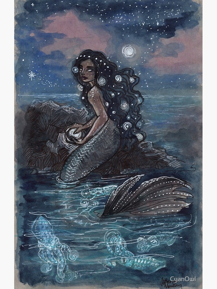 "Evening Glow Mermaid and Firefly Squid" Postcard for Sale by CyanOwl ...