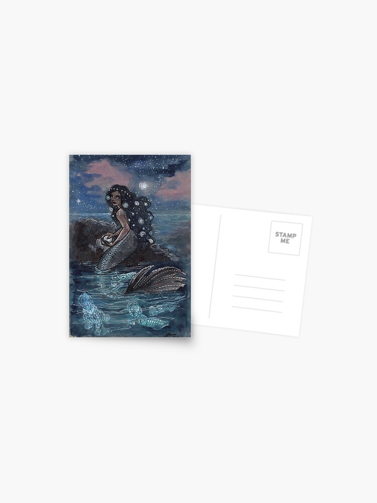 "Evening Glow Mermaid and Firefly Squid" Postcard for Sale by CyanOwl ...