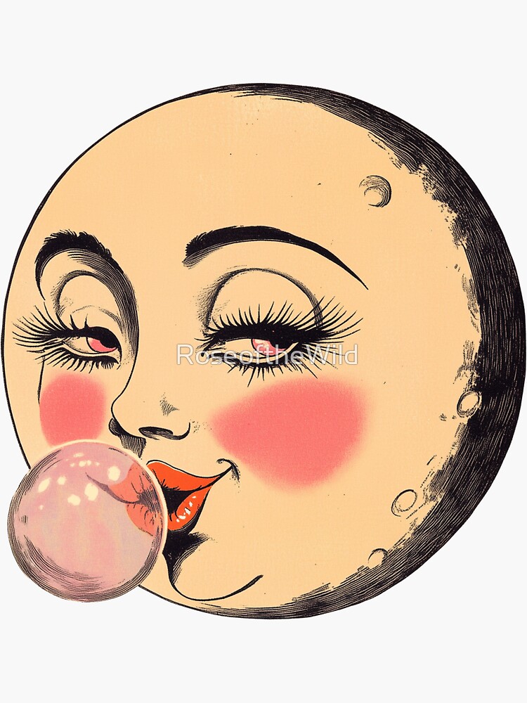 "Vintage Moon Face Blowing Bubblegum" Sticker for Sale by RoseoftheWild | Redbubble