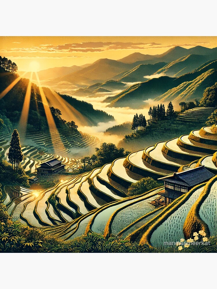"Golden Sunrise Over Rice Terraces - Timeless Japanese Art" Sticker for ...