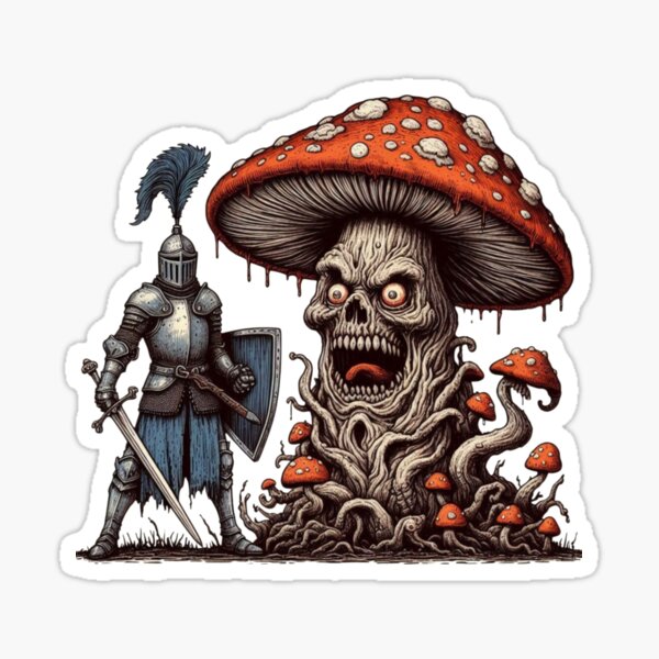 "Dark Fantasy Knight vs Evil Mushroom – Medieval Horror Art" Sticker ...