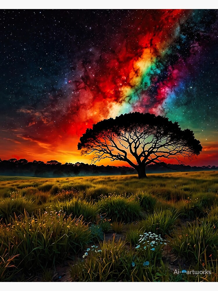 "Tree of Dreams: Silhouette under the cosmic firmament" Poster by Ai ...