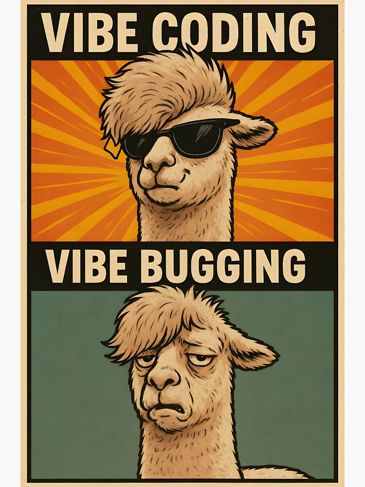 "Vibe Coding vs Vibe Bugging | Funny Llama Meme Poster" Sticker for ...