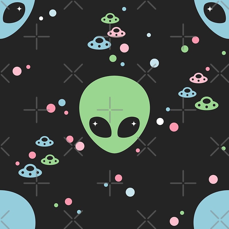 "Green and Blue Alien Heads with UFOs" by sugarhai | Redbubble