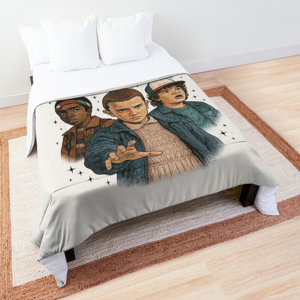 "Stranger Things kids in bold illustrated style, Eleven stands front ...