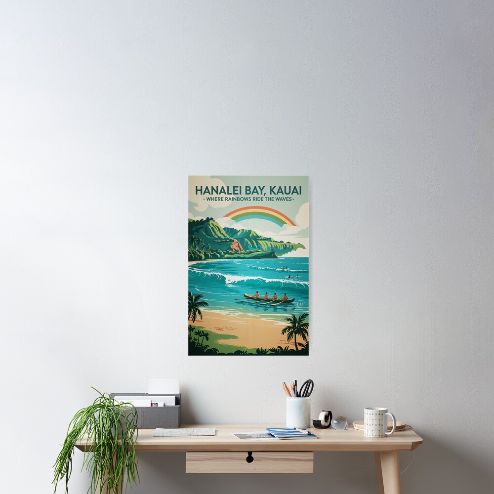 "Hanalei Bay Kauai Travel Poster – Retro Hawaiian Surf Print (1960s ...
