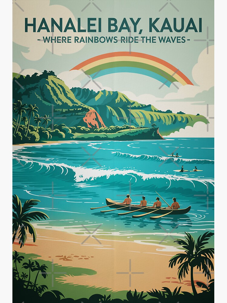"Hanalei Bay Kauai Travel Poster – Retro Hawaiian Surf Print (1960s ...