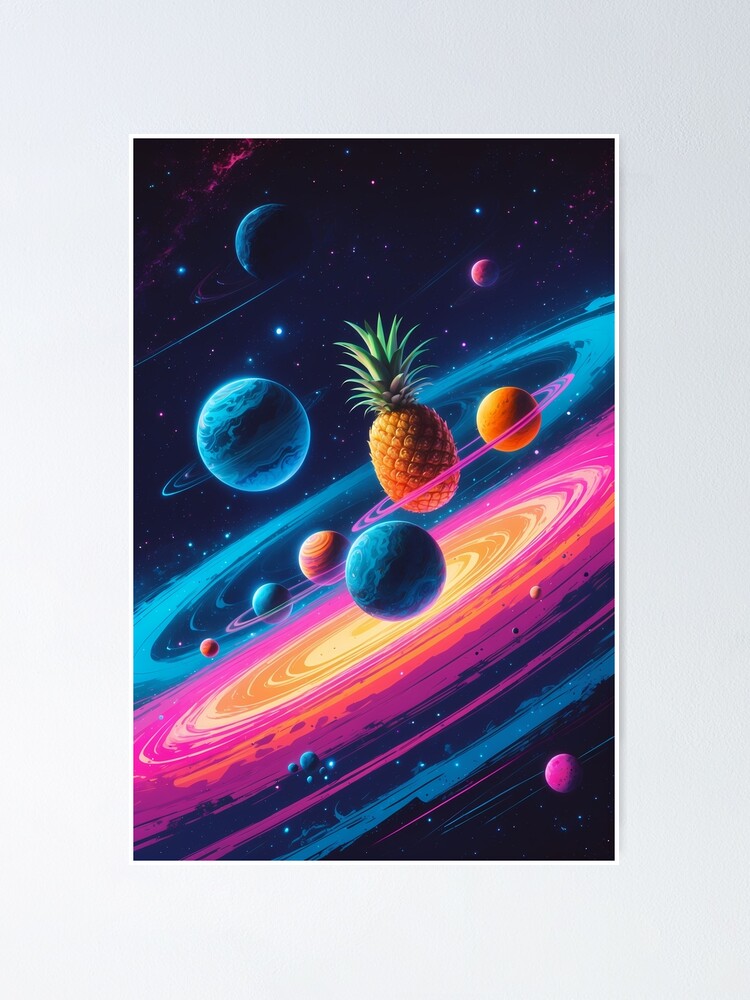 "Floating pineapple in a vibrant cosmic scene with planets and colorful ...