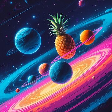 "Floating pineapple in a vibrant cosmic scene with planets and colorful ...