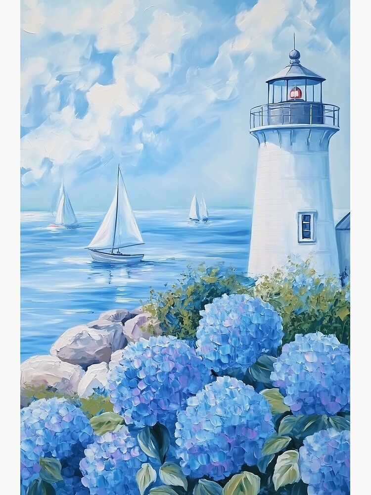 "Coastal Blue and White Hydrangea Flowers on Ocean Beach with Sailboats ...