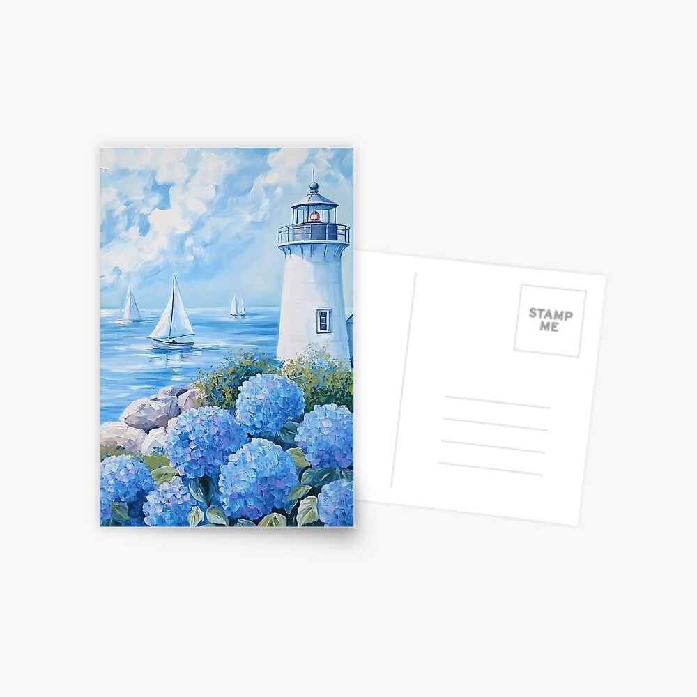 "Coastal Blue and White Hydrangea Flowers on Ocean Beach with Sailboats ...
