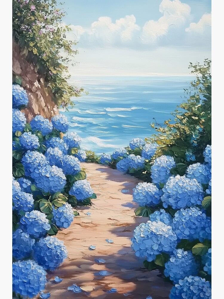 "Watercolor Coastal Blue Hydrangea Flowers on Ocean Beach" Poster for ...