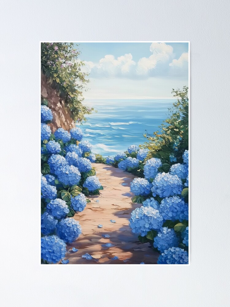 "Watercolor Coastal Blue Hydrangea Flowers on Ocean Beach" Poster for ...