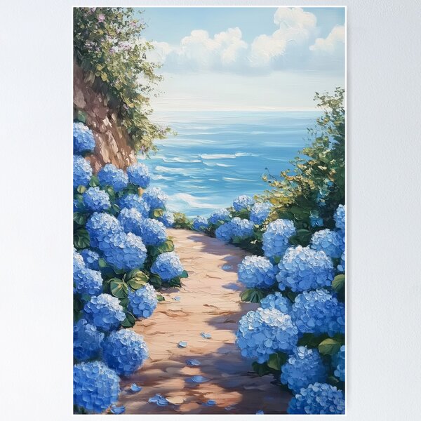 "Watercolor Coastal Blue Hydrangea Flowers on Ocean Beach" Poster for ...
