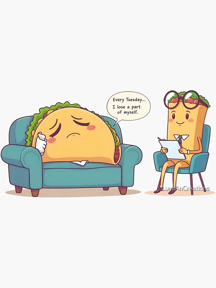 "Taco Tuesday Therapy - Funny Cartoon Food Art" Sticker for Sale by ...