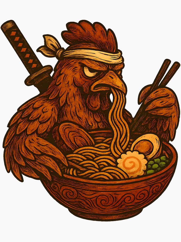 "Samurai chicken eating ramen" Sticker by LeapFrogShop | Redbubble