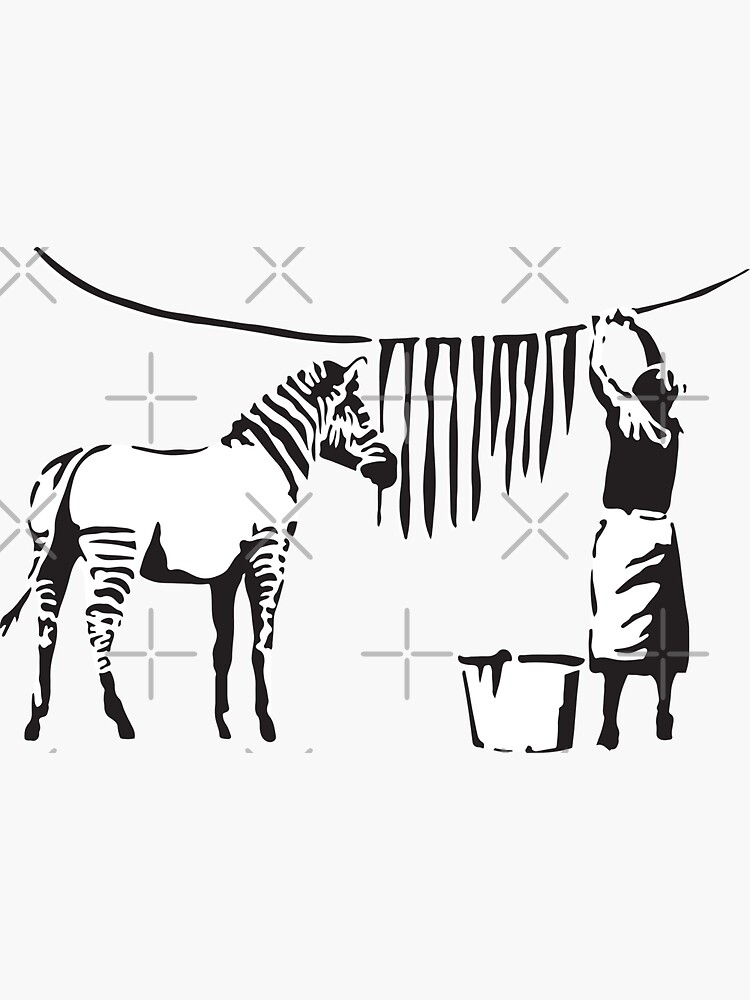 "Banksy Graffiti Zebra stripes on a clothing line and a woman with ...