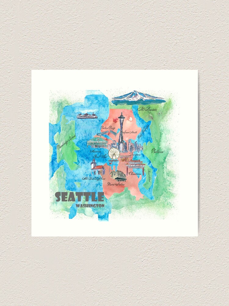 "Seattle Washington Travel Poster Favorite Map" Art Print for Sale by ...