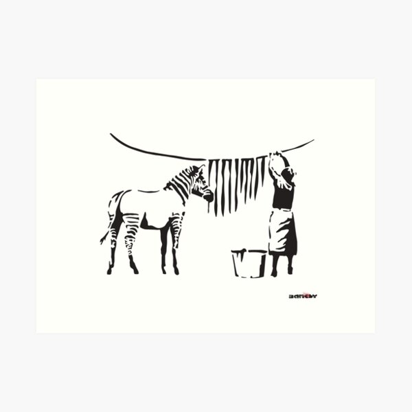 "Banksy Graffiti Zebra stripes on a clothing line and a woman with ...