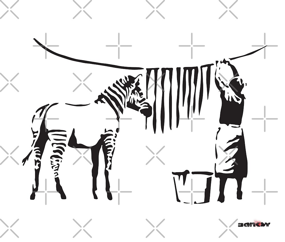 "Banksy Graffiti Zebra stripes on a clothing line and a woman with ...