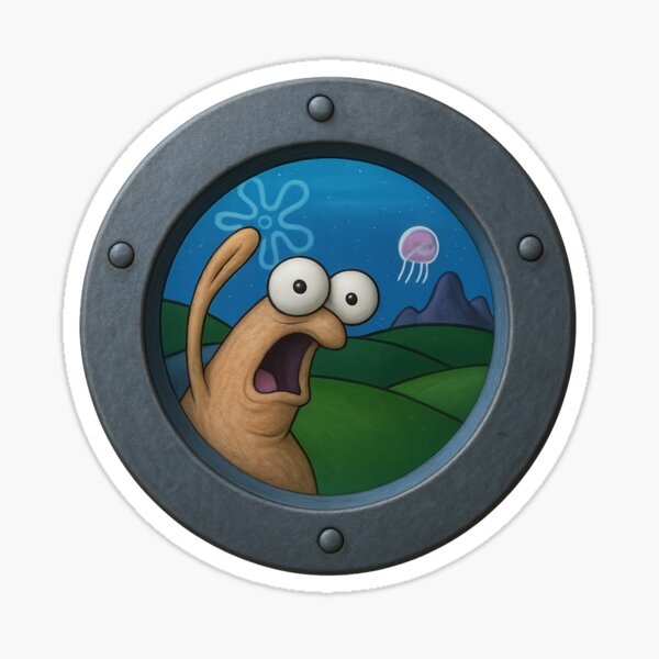 "SpongeBob fish waving at the real window" Sticker by DibujandoPorfa ...