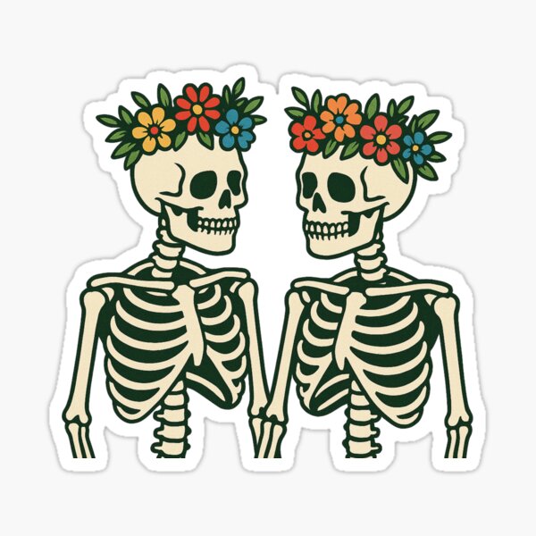 "Skeletons with Floral Crowns – Romantic Skeleton Couple with Colorful ...