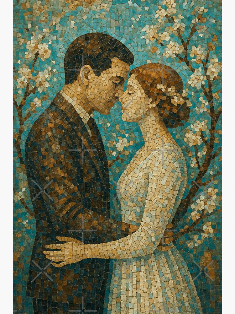"Romantic Mosaic Art of Lovers Under Blossoming Trees" Sticker for Sale ...