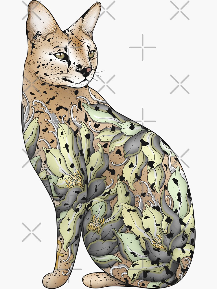 "Serval Cat in Lotus Flower Tattoo" Sticker for Sale by runcatrun ...