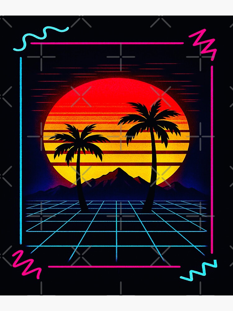 "VHS Sunset Mountains | Synth wave Sunset with Palm Trees, Neon Grid ...