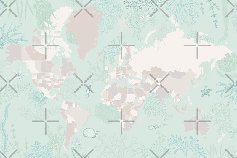 "World map with coral, seaweed and marine creatures, "Lenore"" by ...