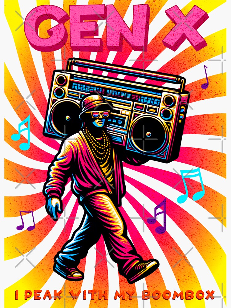"Gen X Hip Hop Boombox Retro Sun" Sticker for Sale by ojdart | Redbubble