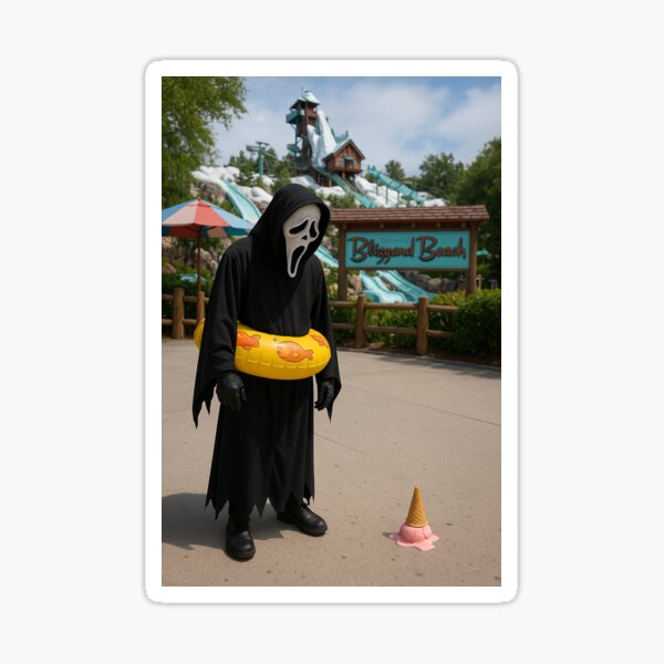 "Ghostface Drops His Ice Cream at Snowy Water Park" Sticker for Sale by ...