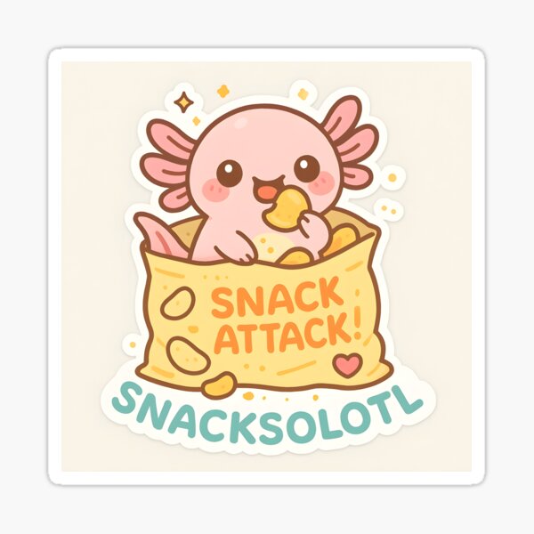 "Cute Axolotl Snack Attack Sticker – Funny Kawaii Snacks Axolotl Pun ...