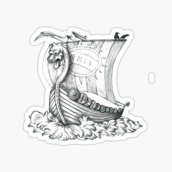 Sticker « Drakkar with Huginn & Muninn », par Drawings-SP | Redbubble