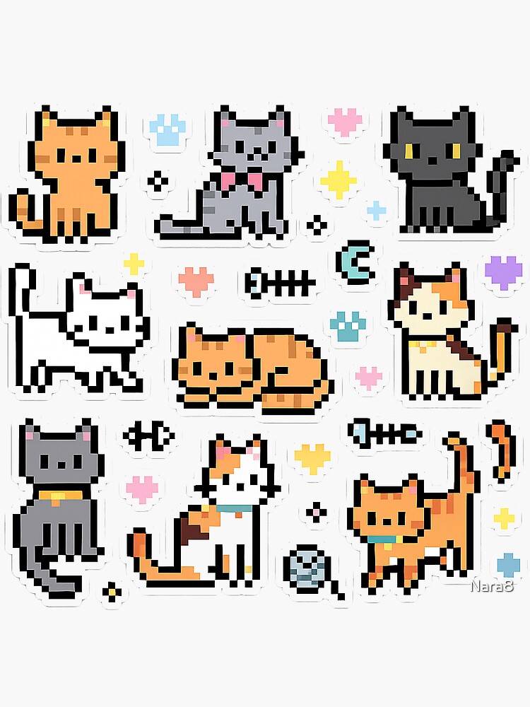 "Pixel Paws Cats Sticker Sheet – 9 Cute 8‑Bit Cats with Hearts ...