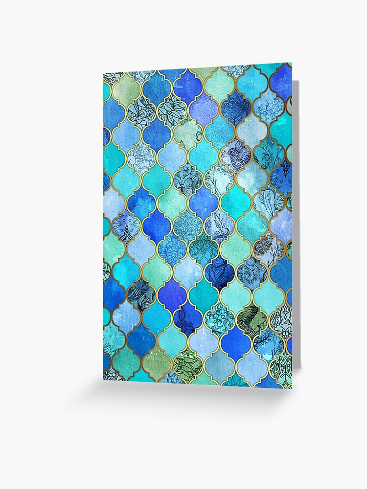 "Cobalt Blue, Aqua & Gold Decorative Moroccan Tile Pattern" Greeting ...