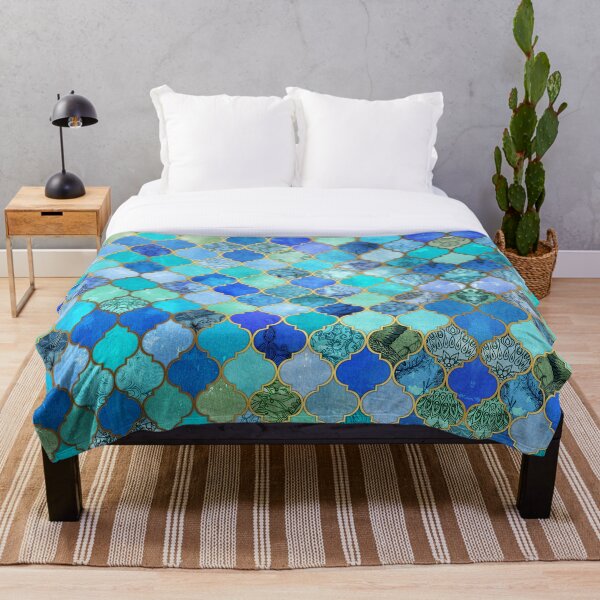 "Cobalt Blue, Aqua & Gold Decorative Moroccan Tile Pattern" Throw ...