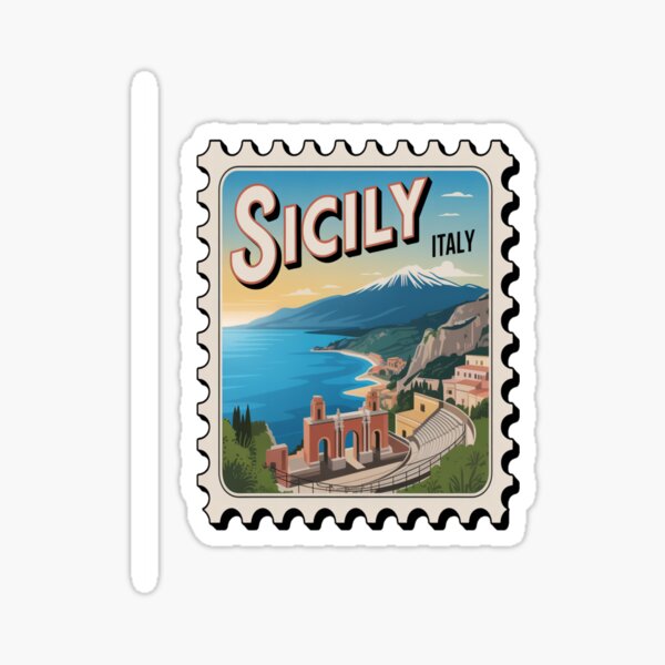 "Sicily Italy Taormina Coastal View Postage Stamp Sticker" Sticker for ...