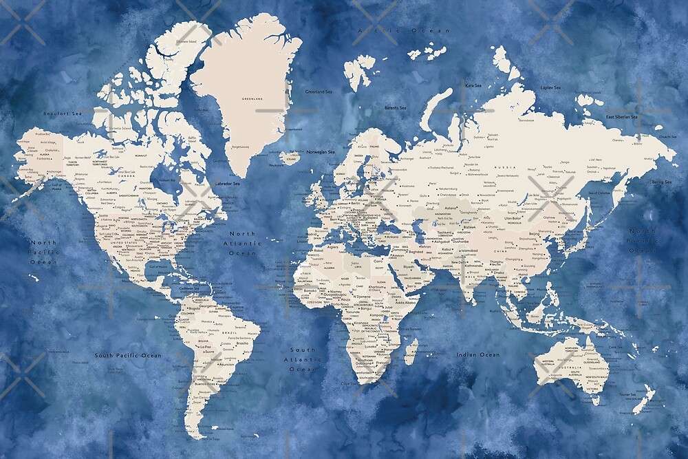 "Navy blue watercolor and neutrals world map" by blursbyai | Redbubble