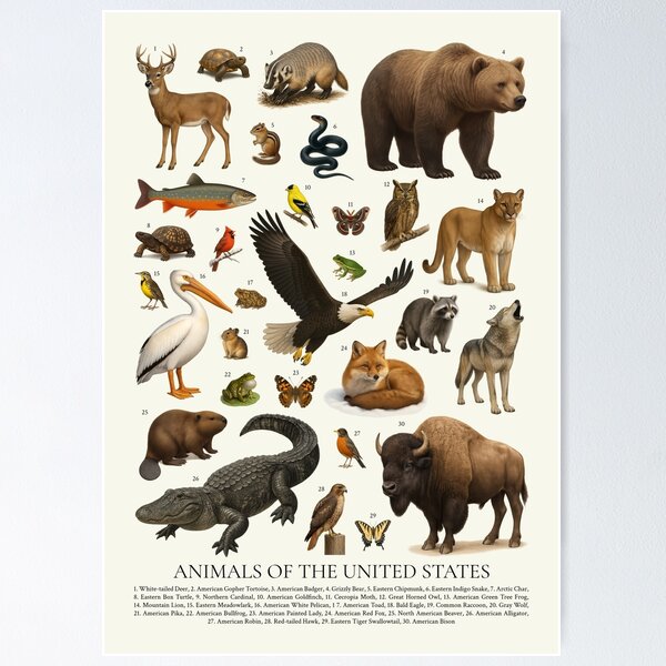 "Animals of the United States Illustration Chart Wildlife Art" Poster ...