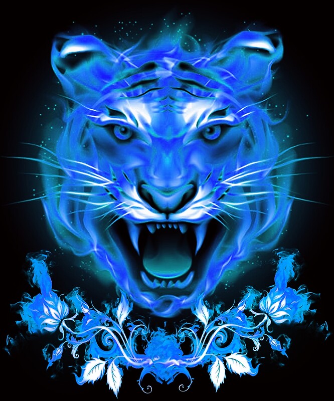 "Blue Fire Tiger Cat And Roses" by Atteestude | Redbubble