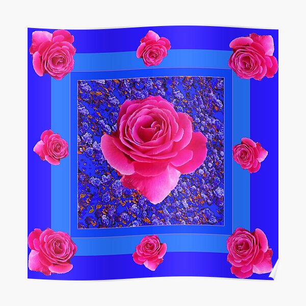 "CERISE PINK ROSES BLUE ABSTRACT ART " Poster for Sale by sharlesart ...