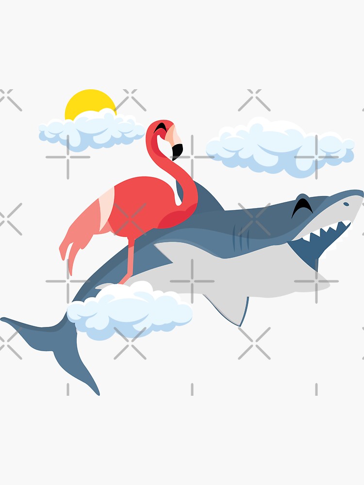 "Flamingo riding a shark in the clouds" Sticker for Sale by jodirm ...