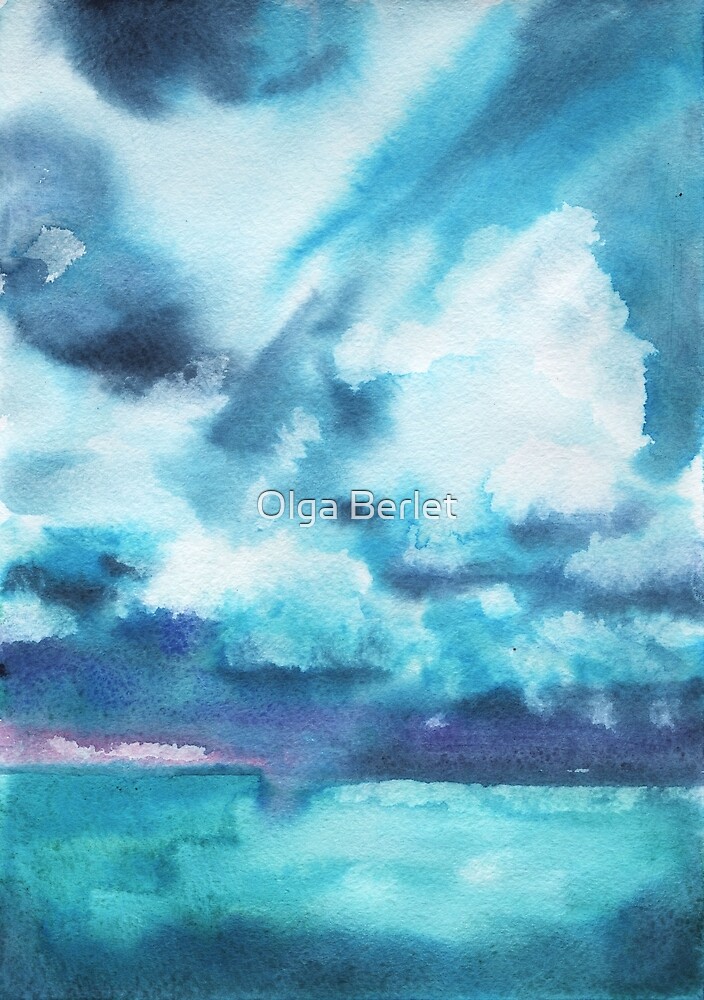 "Watercolor blue sea on a background of thunderclouds" by Olga Berlet ...