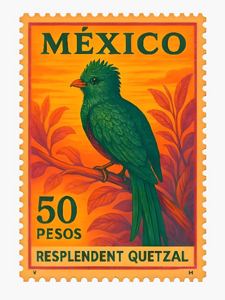 "Retro Mexican Postage Stamp – Resplendent Quetzal Bird" Sticker for ...