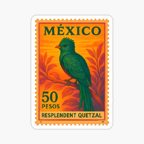 "Retro Mexican Postage Stamp – Resplendent Quetzal Bird" Sticker for ...