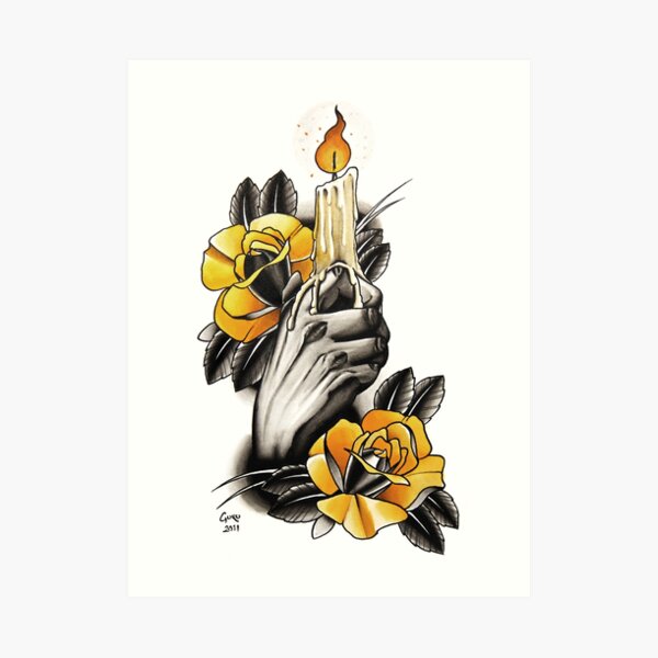 "Hand holding Candle - TATTOO" Art Print by GuruTattoo | Redbubble