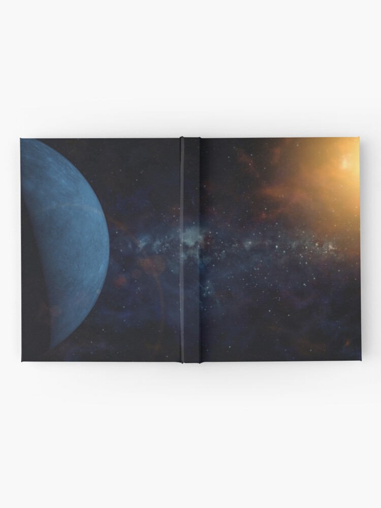 "Space scene of blue rock planet with heavily cratered surface orbiting ...